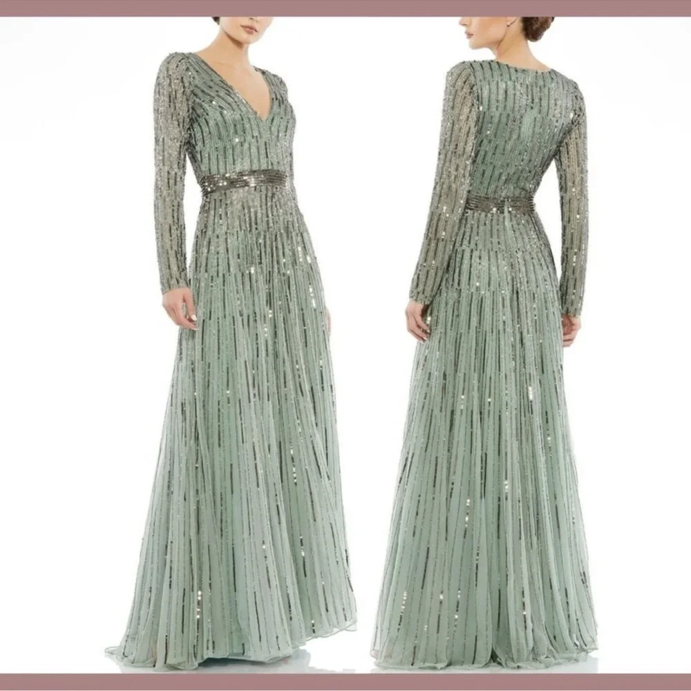 Mac Duggal | Dresses | Mac Duggal Sage Green Longsleeve Sequin Evening ...